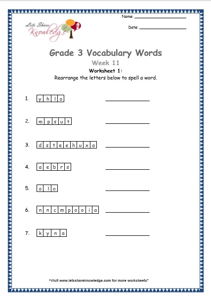 Grade 3: Vocabulary Worksheets Week 11 – Lets Share Knowledge
