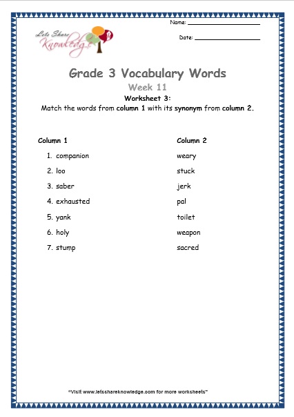 Grade 3: Vocabulary Worksheets Week 11 – Lets Share Knowledge