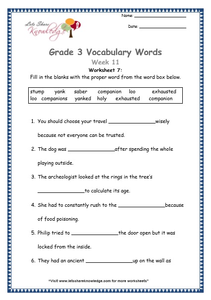 Grade 3: Vocabulary Worksheets Week 11 – Lets Share Knowledge