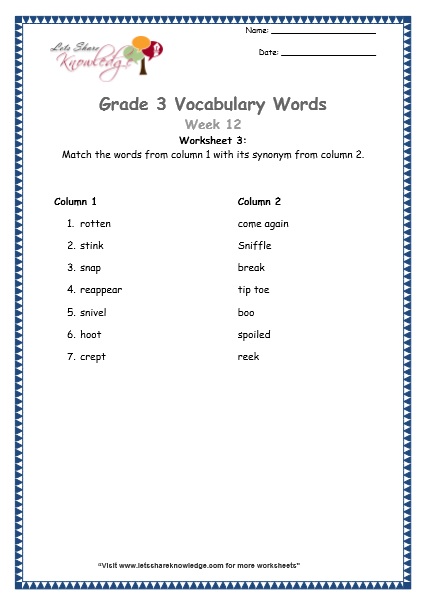 Grade 3: Vocabulary Worksheets Week 12 – Lets Share Knowledge
