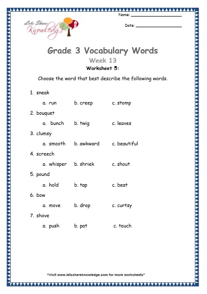Grade 3: Vocabulary Worksheets Week 13 – Lets Share Knowledge