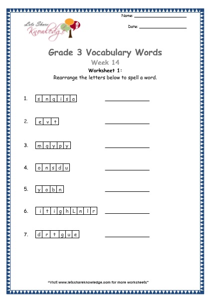 Grade 3: Vocabulary Worksheets Week 14 – Lets Share Knowledge