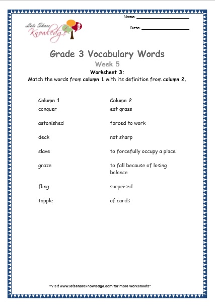 Grade 3: Vocabulary Worksheets Week 5 – Lets Share Knowledge