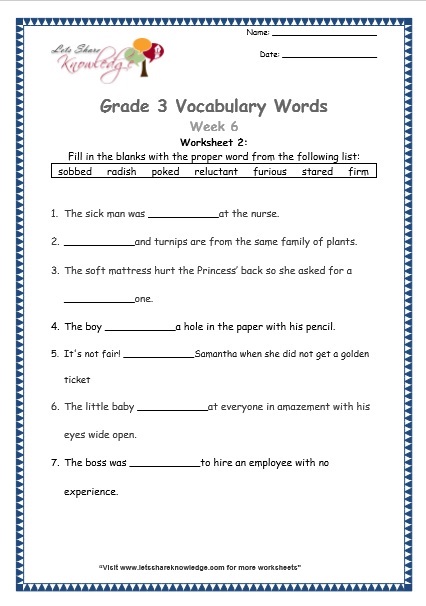 Grade 3: Vocabulary Worksheets Week 6 – Lets Share Knowledge