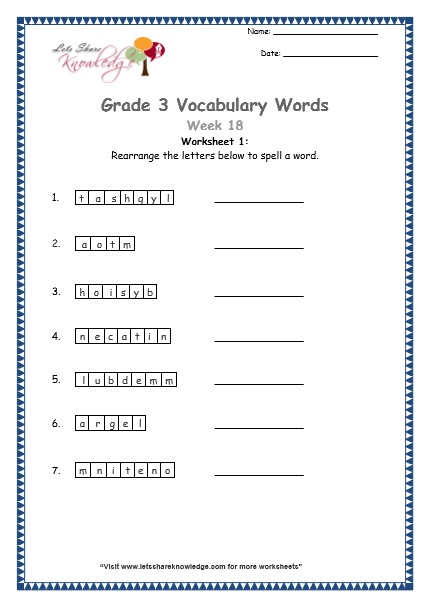 Grade 3: Vocabulary Worksheets Week 18 – Lets Share Knowledge