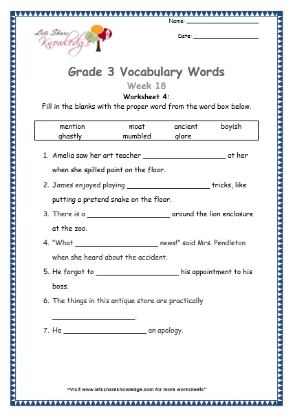 Grade 3: Vocabulary Worksheets Week 18 – Lets Share Knowledge