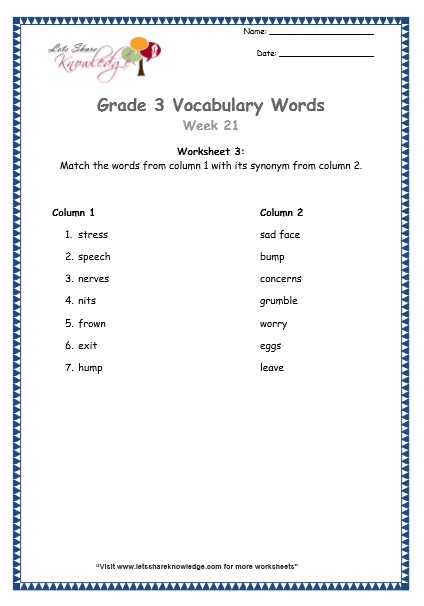 Grade 3: Vocabulary Worksheets Week 21 – Lets Share Knowledge