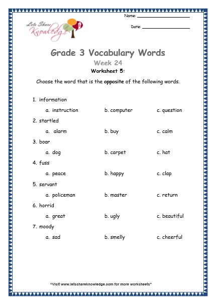 Grade 3: Vocabulary Worksheets Week 24 – Lets Share Knowledge