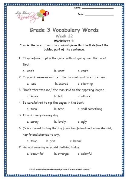Grade 3: Vocabulary Worksheets Week 32 – Lets Share Knowledge