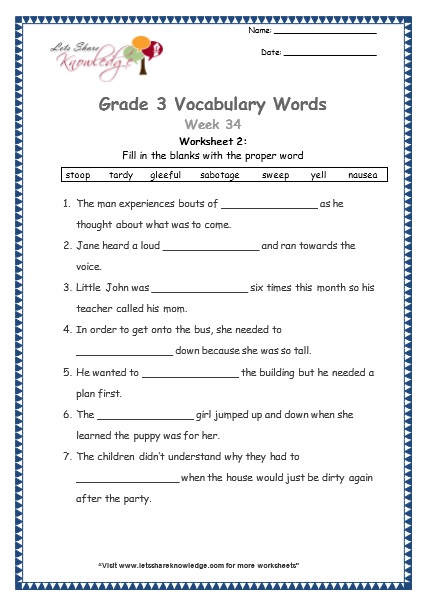 Grade 3: Vocabulary Worksheets Week 34 – Lets Share Knowledge