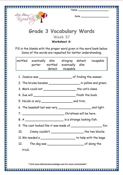 Grade 3: Vocabulary Worksheets Week 37 – Lets Share Knowledge