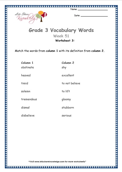 Grade 3: Vocabulary Worksheets Week 51 – Lets Share Knowledge
