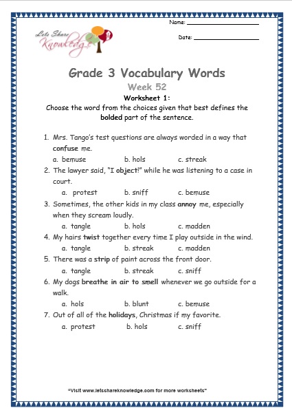 Grade 3: Vocabulary Worksheets Week 52 – Lets Share Knowledge