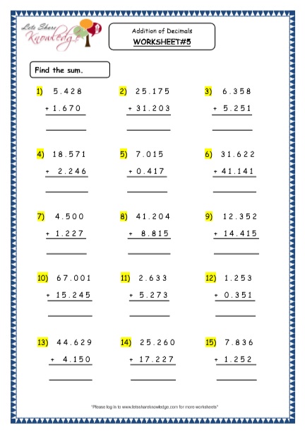 Grade 4 Maths Resources (3.5 Addition of Decimals Printable Worksheets ...