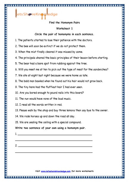4th Grade Homonyms KS2 Speech And Language: Homophones Worksheet