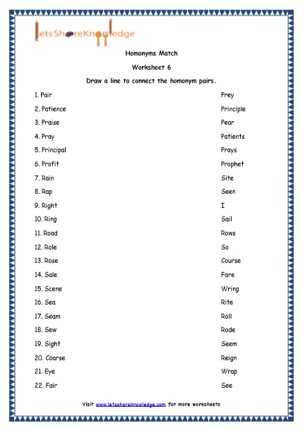 Grade 4 English Resources Printable Worksheets Topic: Homonyms – Lets ...