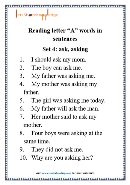 Kindergarten Reading Practice for Letter “A” Words in Sentences ...