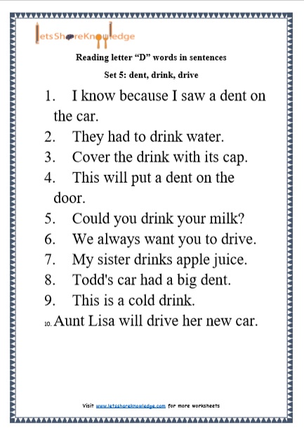 Kindergarten Reading Practice for Letter “D” Words in Sentences ...