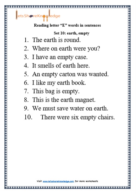Kindergarten Reading Practice for Letter “E” Words in Sentences ...