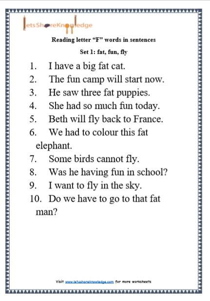 Kindergarten Reading Practice for Letter “F” Words in Sentences ...