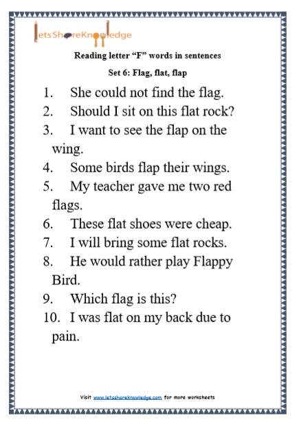Kindergarten Reading Practice for Letter “F” Words in Sentences ...