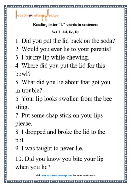 Kindergarten Reading Practice for Letter “L” Words in Sentences ...