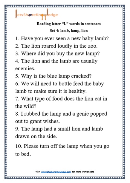 Kindergarten Reading Practice for Letter “L” Words in Sentences ...