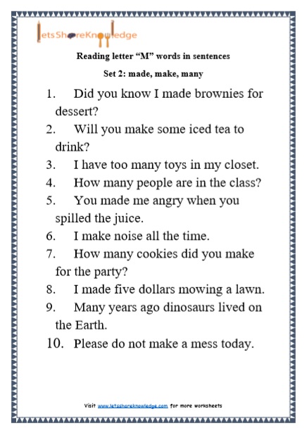 Kindergarten Reading Practice for Letter “M” Words in Sentences ...