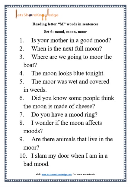 Kindergarten Reading Practice for Letter “M” Words in Sentences ...
