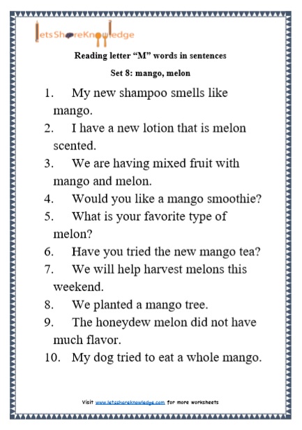 Kindergarten Reading Practice for Letter “M” Words in Sentences ...