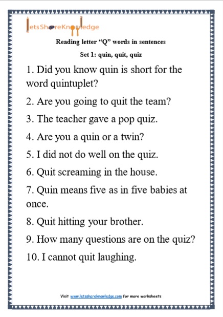 Kindergarten Reading Practice for Letter “Q” Words in Sentences ...