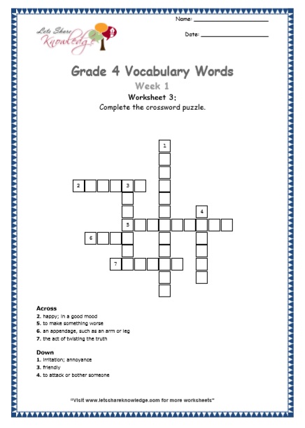 Grade 4: Vocabulary Worksheets Week 1 – Lets Share Knowledge