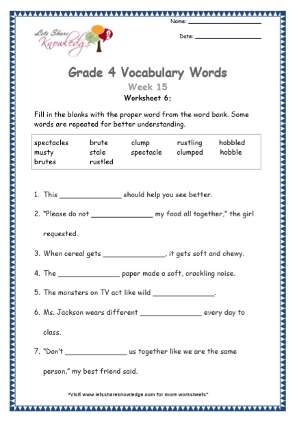 Grade 4: Vocabulary Worksheets Week 15 – Lets Share Knowledge
