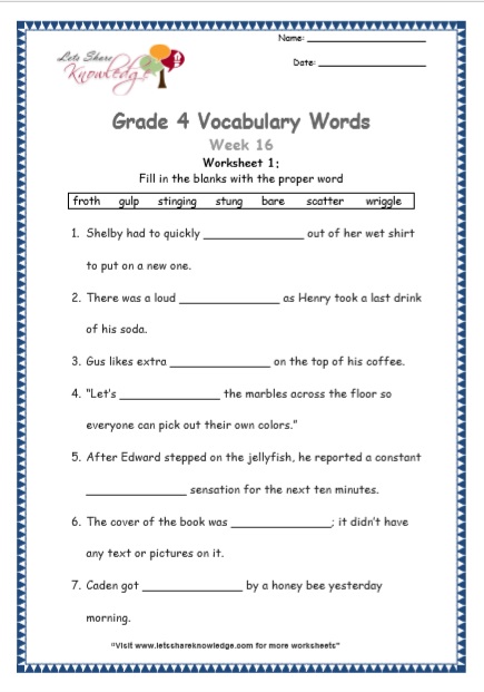 Grade 4: Vocabulary Worksheets Week 16 – Lets Share Knowledge