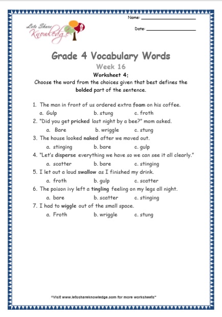 Grade 4: Vocabulary Worksheets Week 16 – Lets Share Knowledge