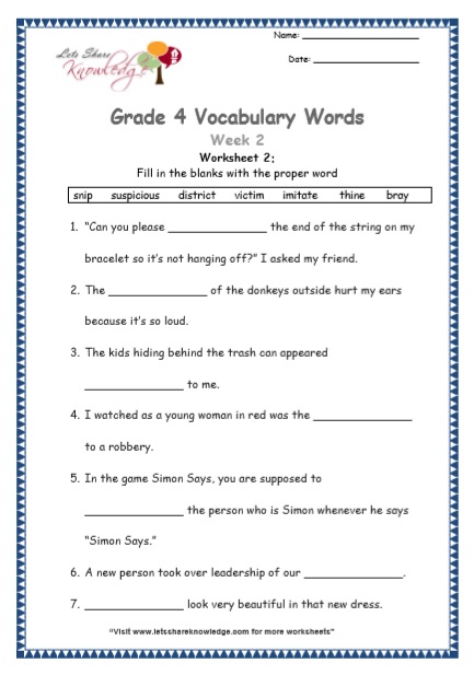 Grade 4: Vocabulary Worksheets Week 2 – Lets Share Knowledge
