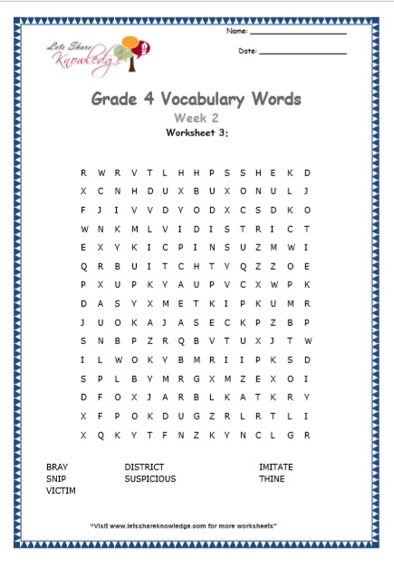 Grade 4: Vocabulary Worksheets Week 2 – Lets Share Knowledge
