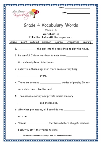 Grade 4: Vocabulary Worksheets Week 4 – Lets Share Knowledge