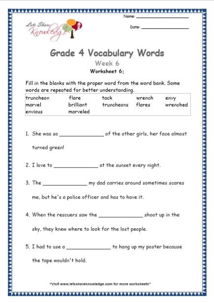 Grade 4: Vocabulary Worksheets Week 6 – Lets Share Knowledge