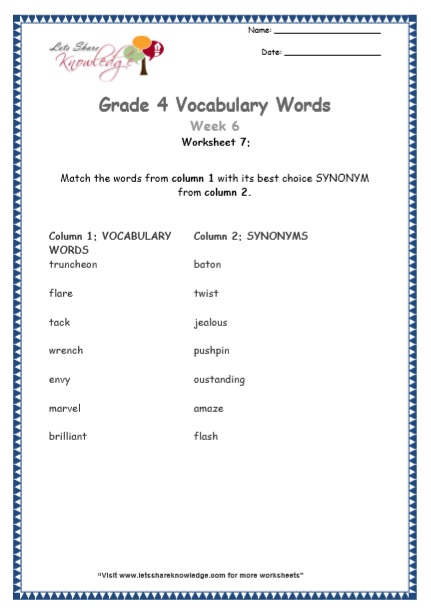Grade 4: Vocabulary Worksheets Week 6 – Lets Share Knowledge