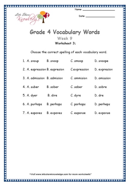 Grade 4: Vocabulary Worksheets Week 9 – Lets Share Knowledge
