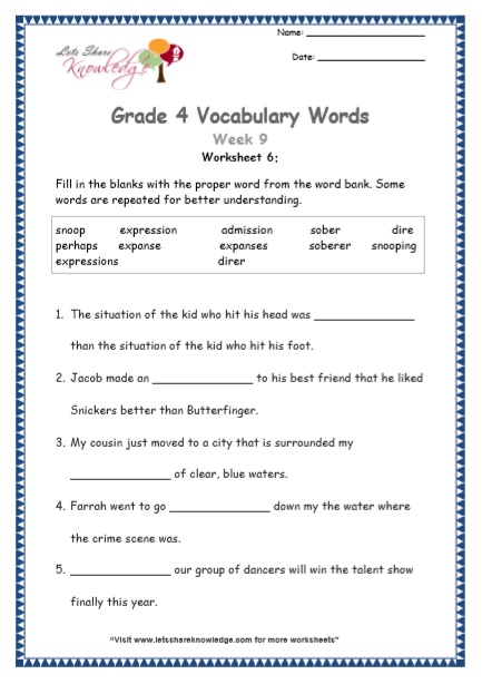 Grade 4: Vocabulary Worksheets Week 9 – Lets Share Knowledge