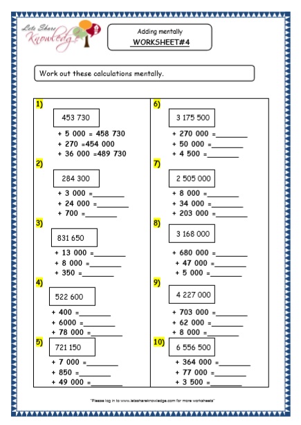 Grade 5 Maths Resources (Adding Mentally Printable Worksheets) – Lets ...
