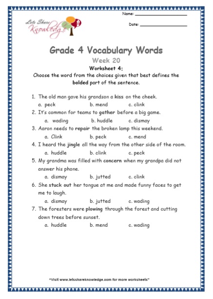 Grade 4: Vocabulary Worksheets Week 20 – Lets Share Knowledge