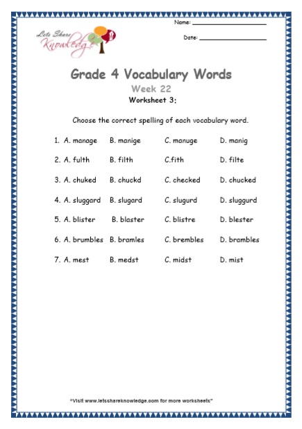 Grade 4: Vocabulary Worksheets Week 22 – Lets Share Knowledge
