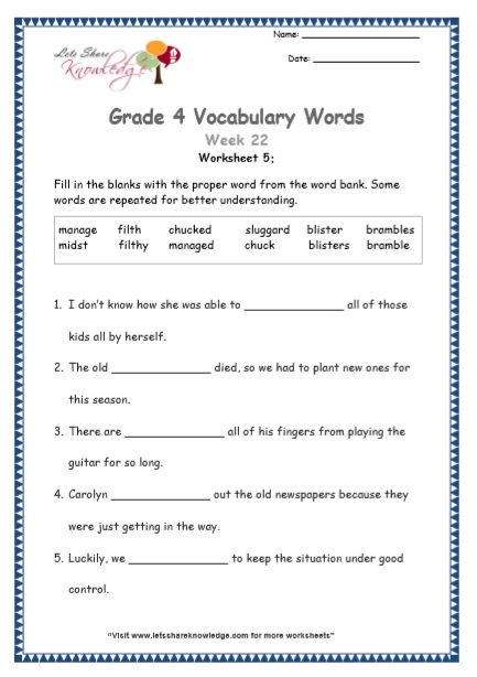 Grade 4: Vocabulary Worksheets Week 22 – Lets Share Knowledge