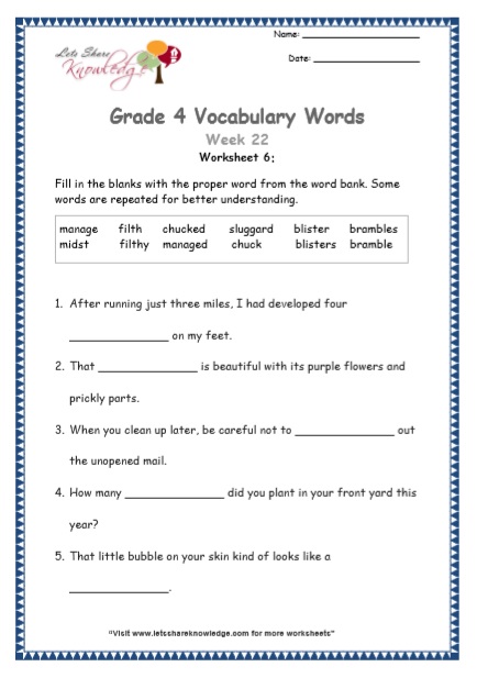 Grade 4: Vocabulary Worksheets Week 22 – Lets Share Knowledge