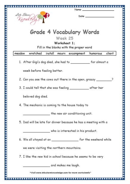 Grade 4: Vocabulary Worksheets Week 25 – Lets Share Knowledge