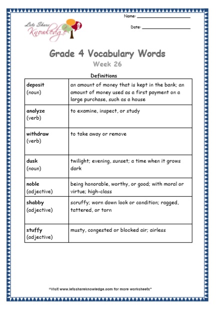 Grade 4: Vocabulary Worksheets Week 26 – Lets Share Knowledge