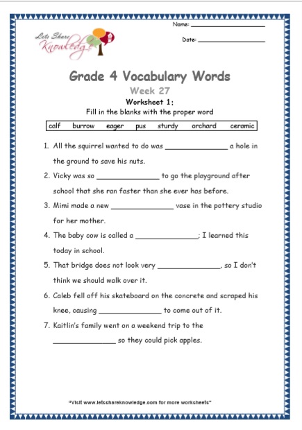 Grade 4: Vocabulary Worksheets Week 27 – Lets Share Knowledge
